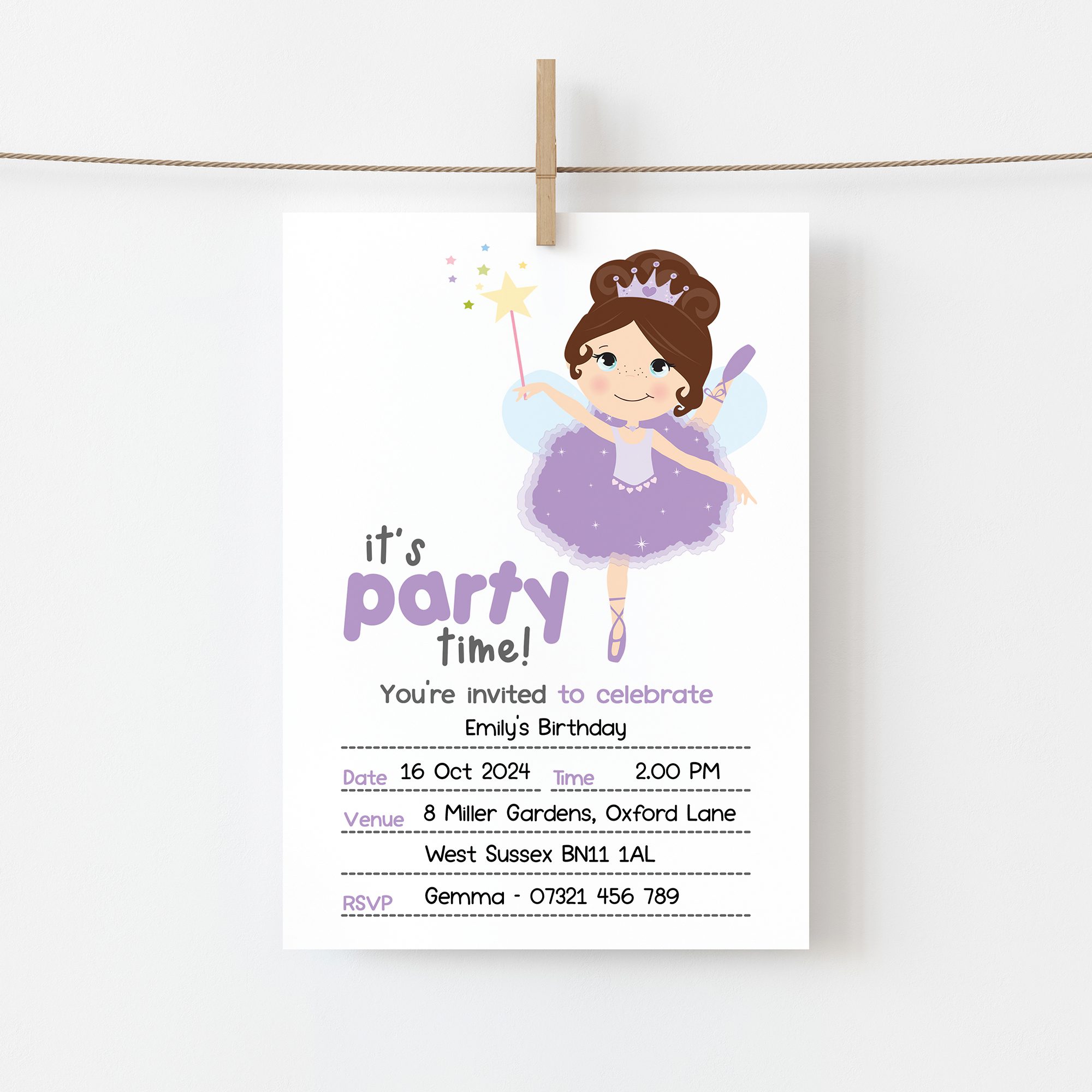 Ballerina Fairy Purple Kids Party Invitations 10 Pack | Giftie